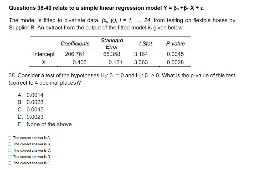 Solved Questions 38-40 ﻿relate to a simple linear regression | Chegg.com