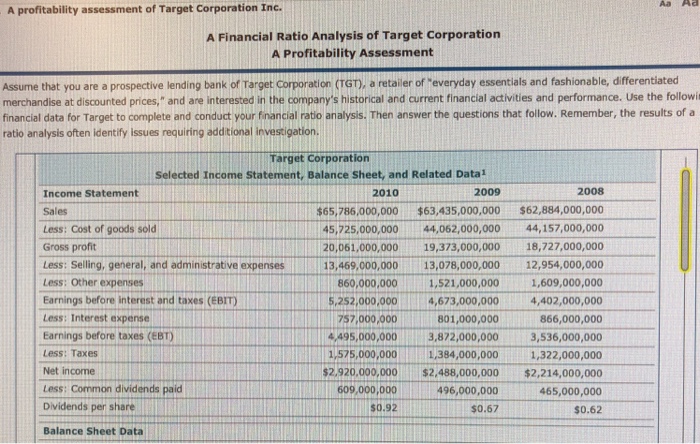 Solved A profitability assessment of Target Corporation Inc. | Chegg.com
