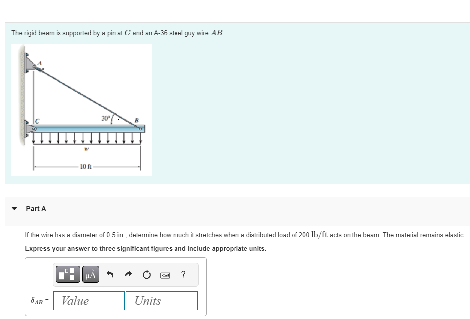 [Solved]: The rigid beam is supported by a pin at C and an