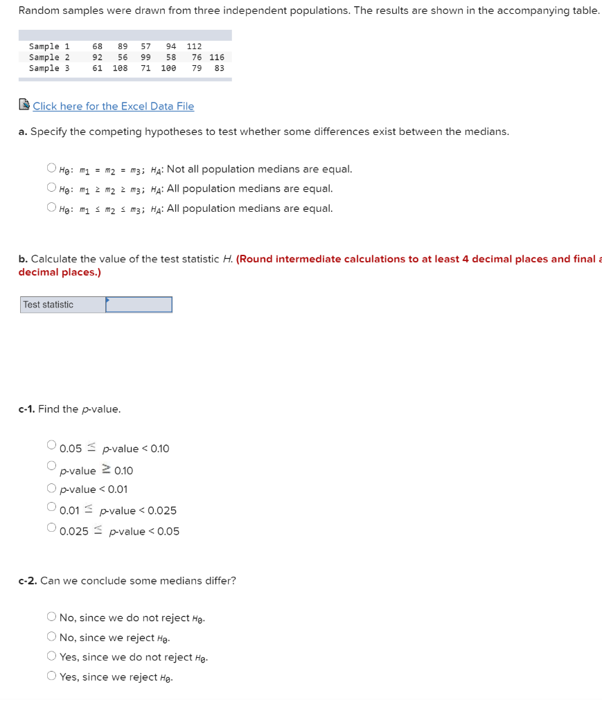 Solved Random samples were drawn from three independent | Chegg.com
