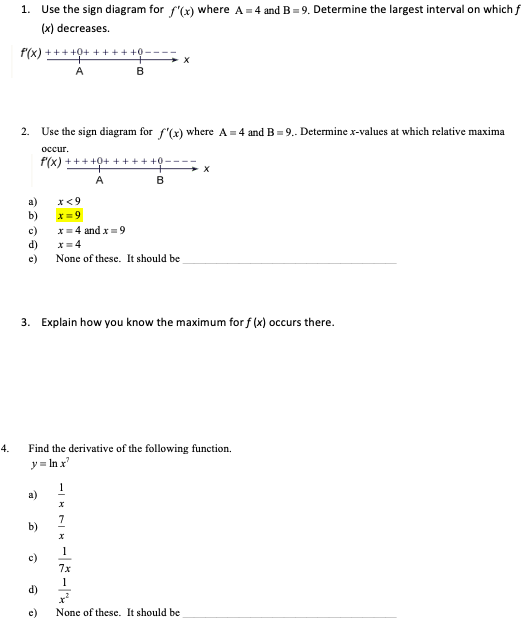 Solved 1. Use the sign diagram for f′(x) where A=4 and B=9. | Chegg.com