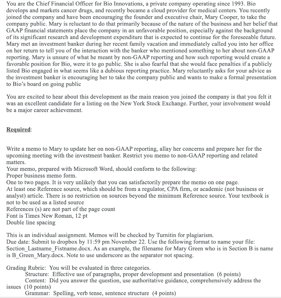 You are the Chief Financial Officer for Bio | Chegg.com