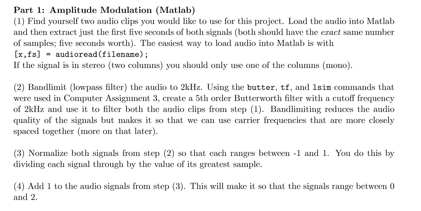 Part 1: Amplitude Modulation (Matlab) (1) Find | Chegg.com