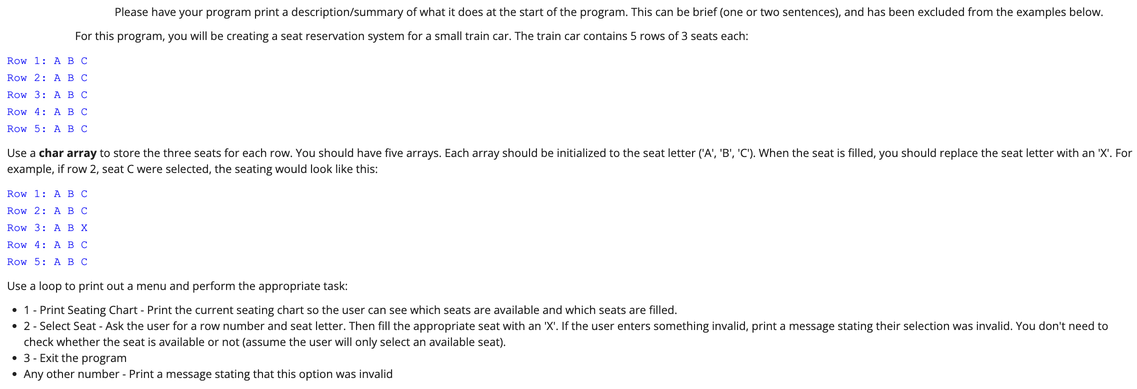 Solved For this program, you will be creating a seat | Chegg.com