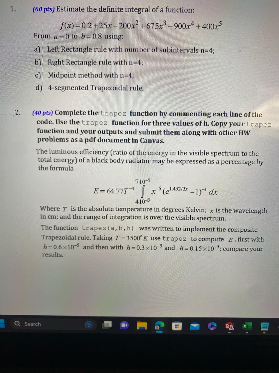 Solved (60pts) Estimate the definite integral of a function: | Chegg.com