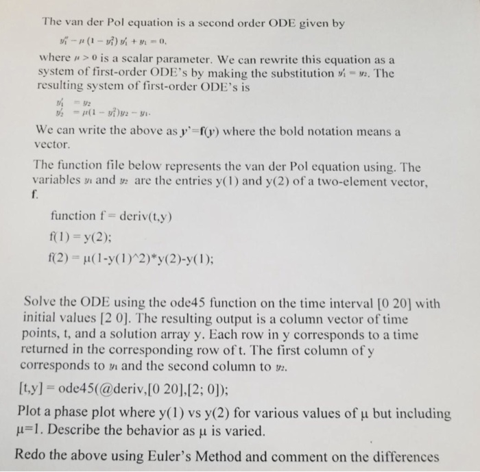 Solved The van der Pol equation is a second order ODE given | Chegg.com
