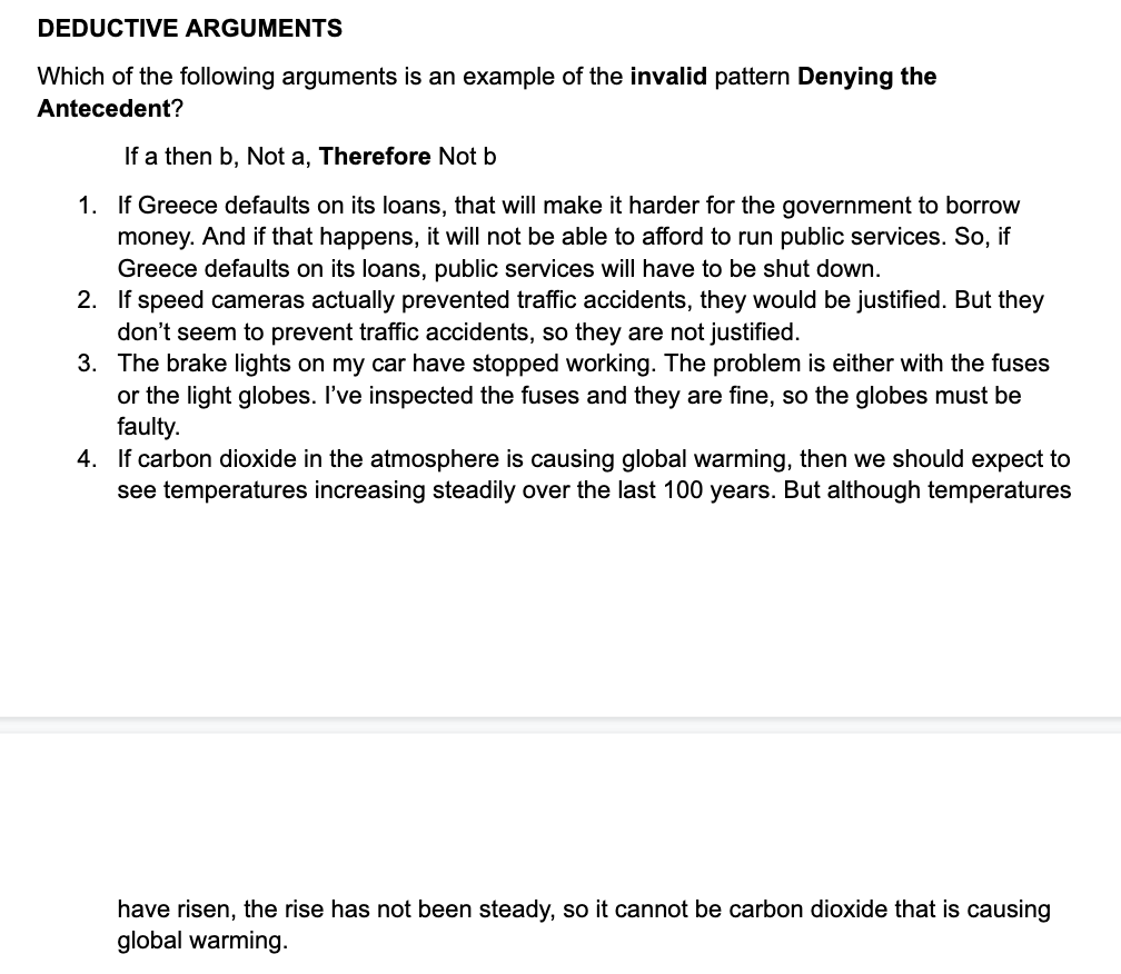 Solved DEDUCTIVE ARGUMENTS Which of the following arguments | Chegg.com