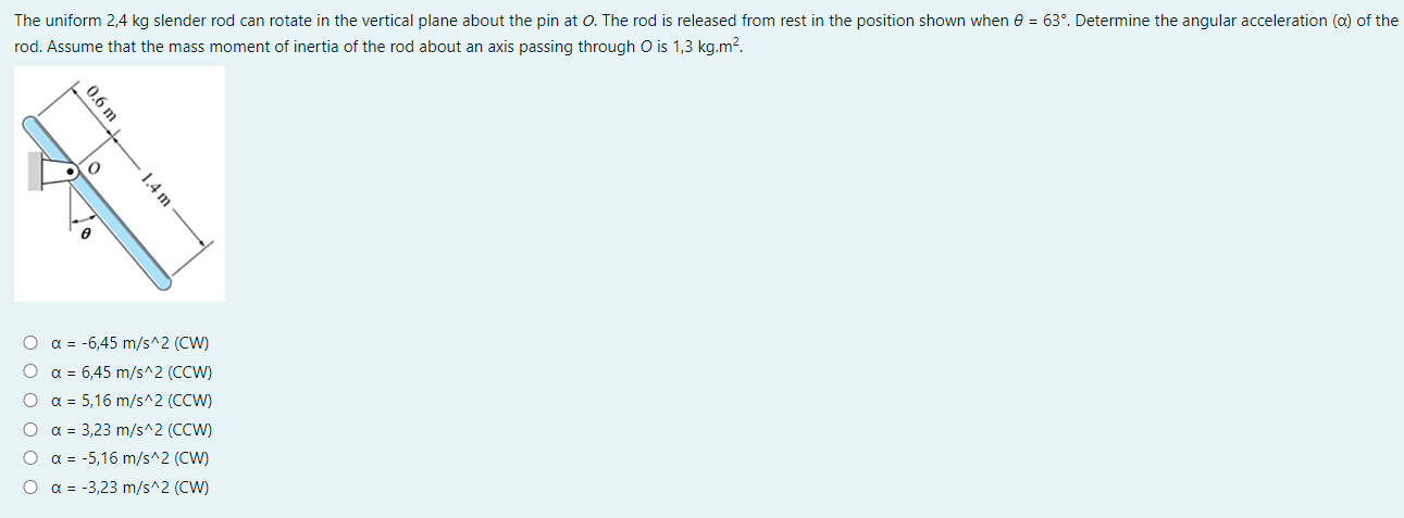 Solved The uniform 2,4 kg slender rod can rotate in the | Chegg.com