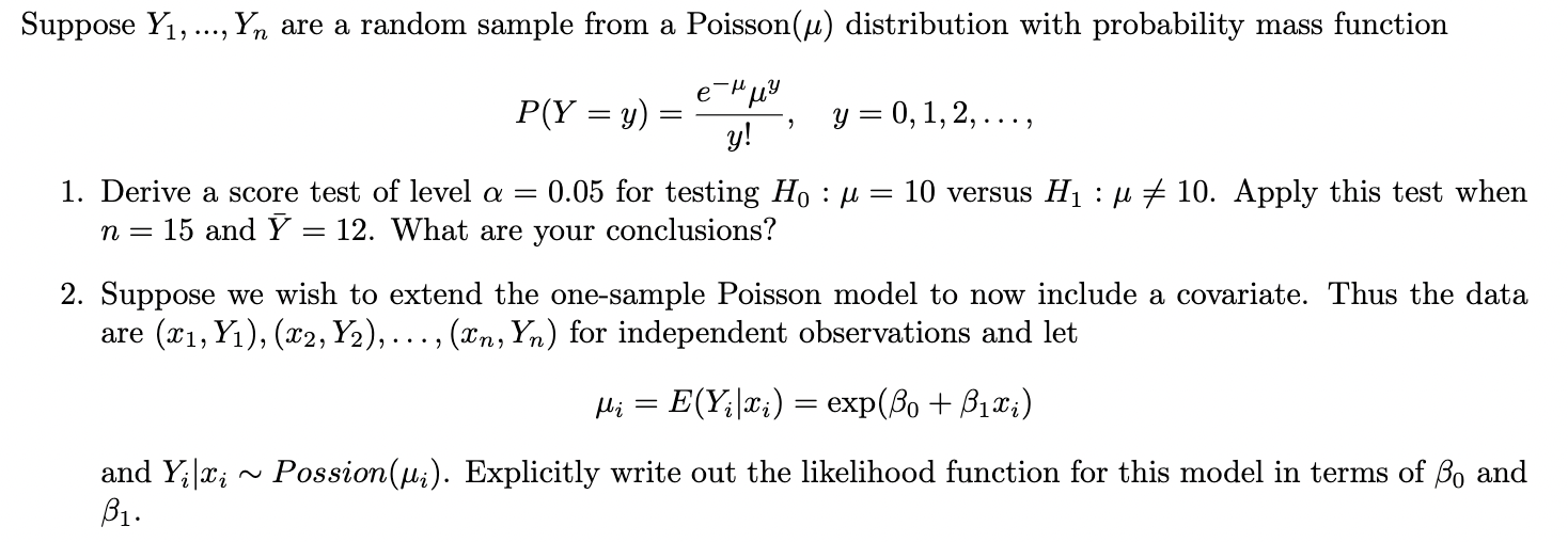 Suppose Y1,dots,Yn ﻿are a random sample from a | Chegg.com