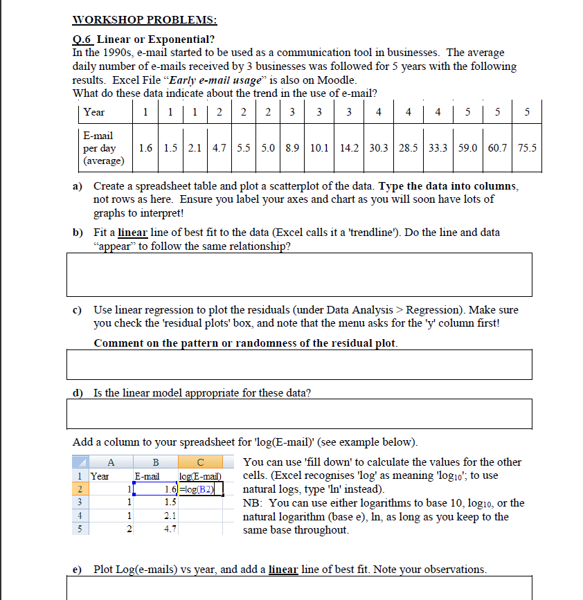 Solved WORKSHOP PROBLEMS: 0.6 Linear or Exponential? In the | Chegg.com