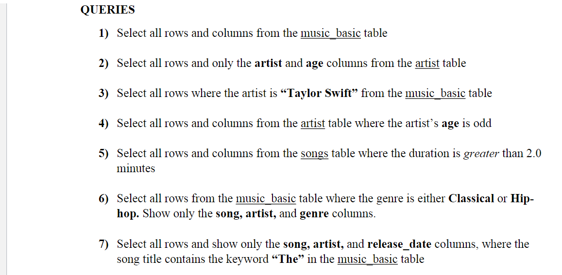 Solved Hi in SQL please. Database name is music_basic. The | Chegg.com