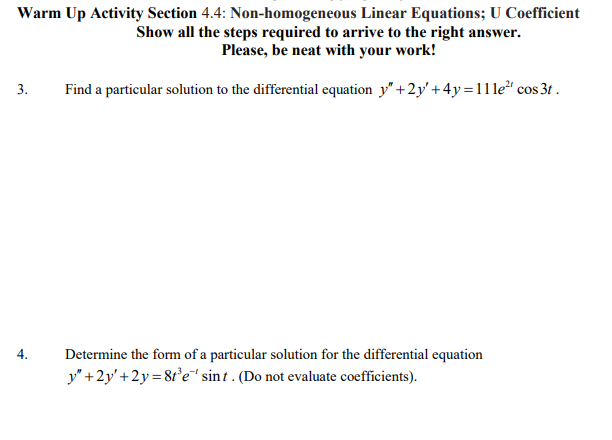 Solved Warm Up Activity Section 4.4: Non-homogeneous Linear | Chegg.com
