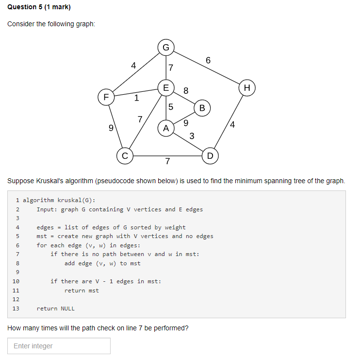 Solved Question 5 (1 mark) Consider the following graph: | Chegg.com