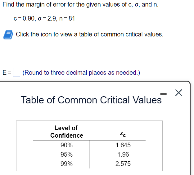 Solved Find the margin of error for the given values of c,σ, | Chegg.com