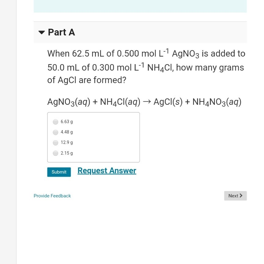 Solved Part A When 62.5 mL of 0.500 mol L-? AgNO3 is added | Chegg.com