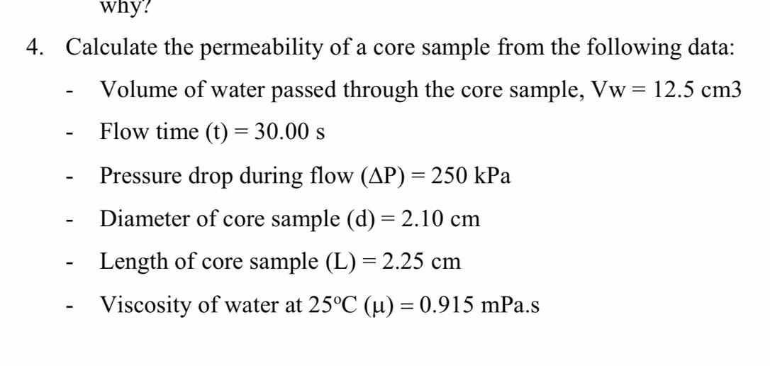 Solved 4. Calculate the permeability of a core sample from | Chegg.com