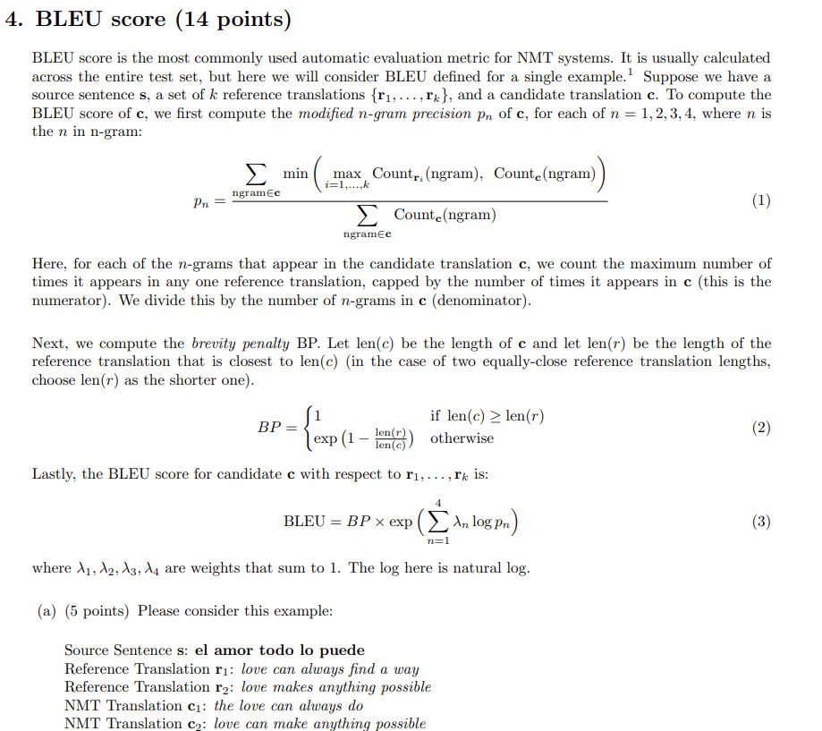 4. BLEU score (14 points) BLEU score is the most | Chegg.com