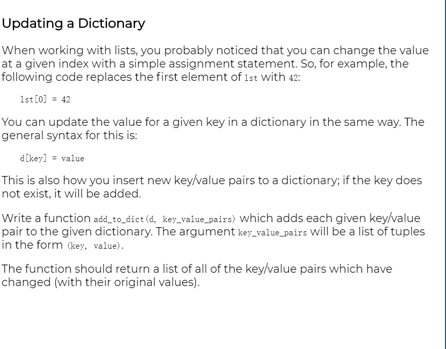 Solved Updating a Dictionary When working with lists, you | Chegg.com
