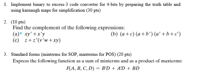 Solved 1 Implement Binary To Excess 3 Code Converter For 