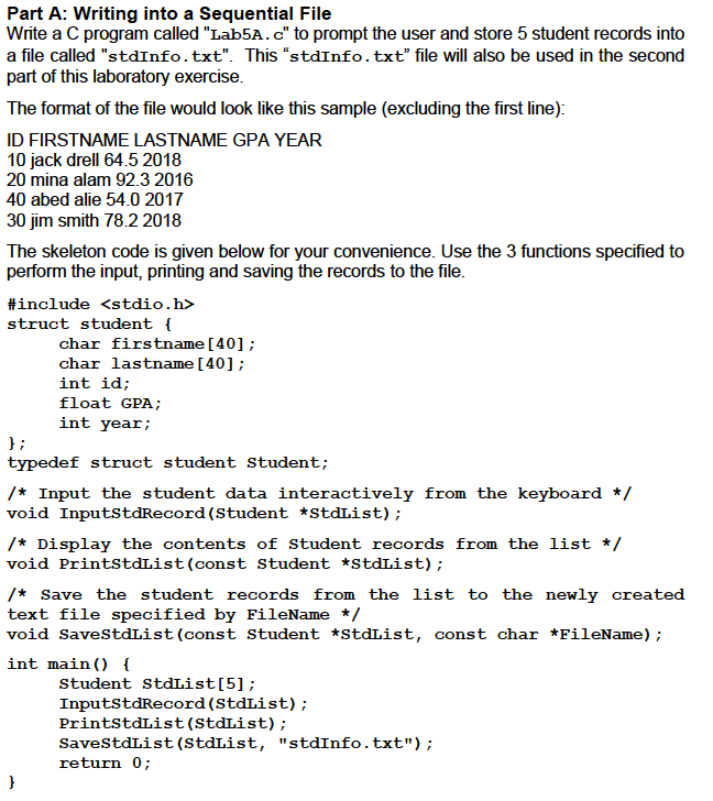 Solved Part A: Writing into a Sequential File Write a C | Chegg.com