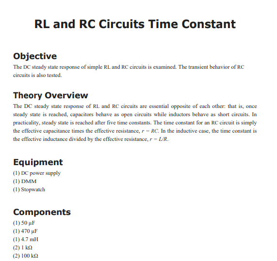 Solved RL and RC Circuits Time Constant Objective The DC | Chegg.com