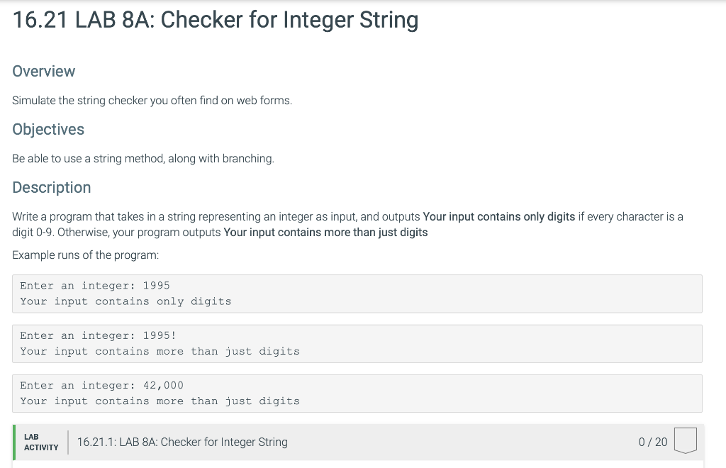 Solved 1621 Lab 8a Checker For Integer String Overview