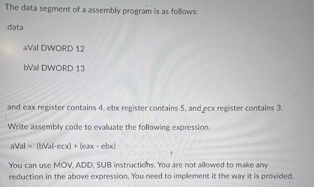 Solved aVal DWORD 12 bVal DWORD 13 and eax register contains | Chegg.com
