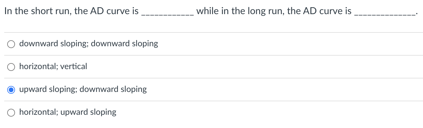 Solved In the short run, the AD curve is while in the long | Chegg.com