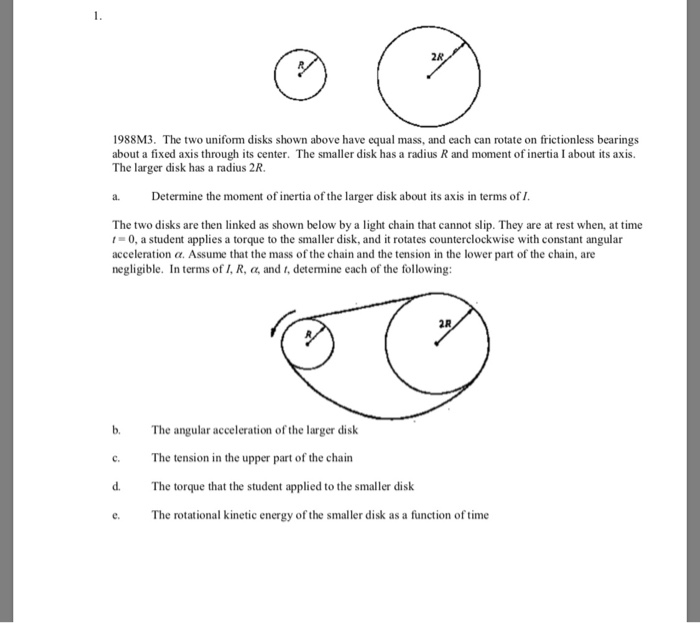 Solved 2R 1988M3. The two uniform disks shown above have | Chegg.com