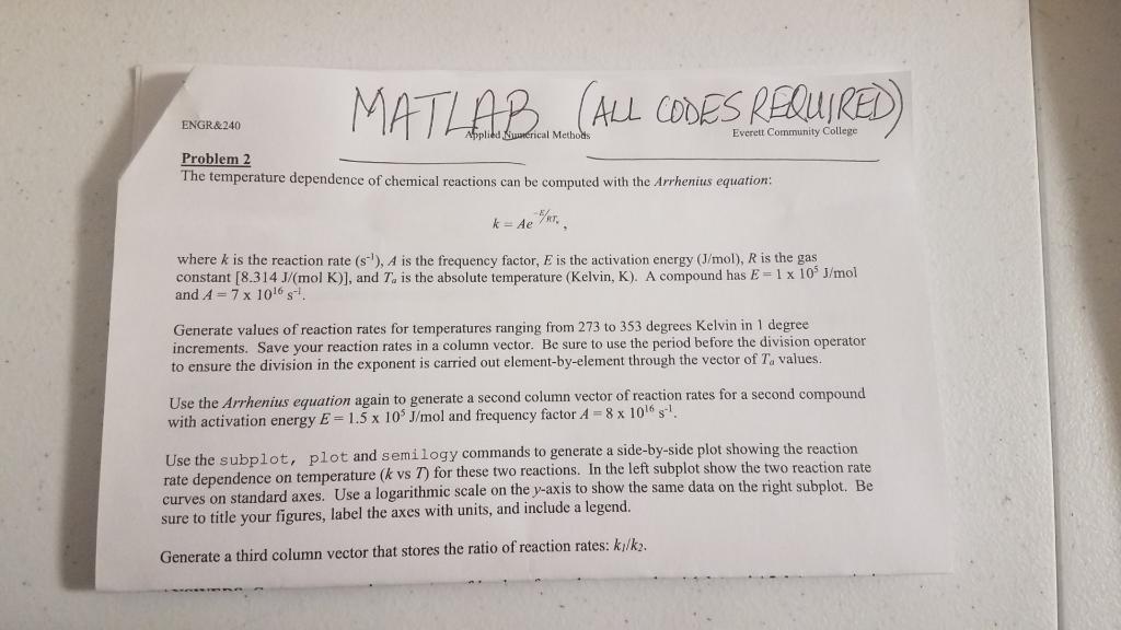 Solved MATLAB (ALL CODES REQUIRED) ENGR&240 Everett | Chegg.com