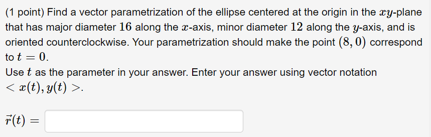 Solved (1 point) Find a vector parametrization of the | Chegg.com
