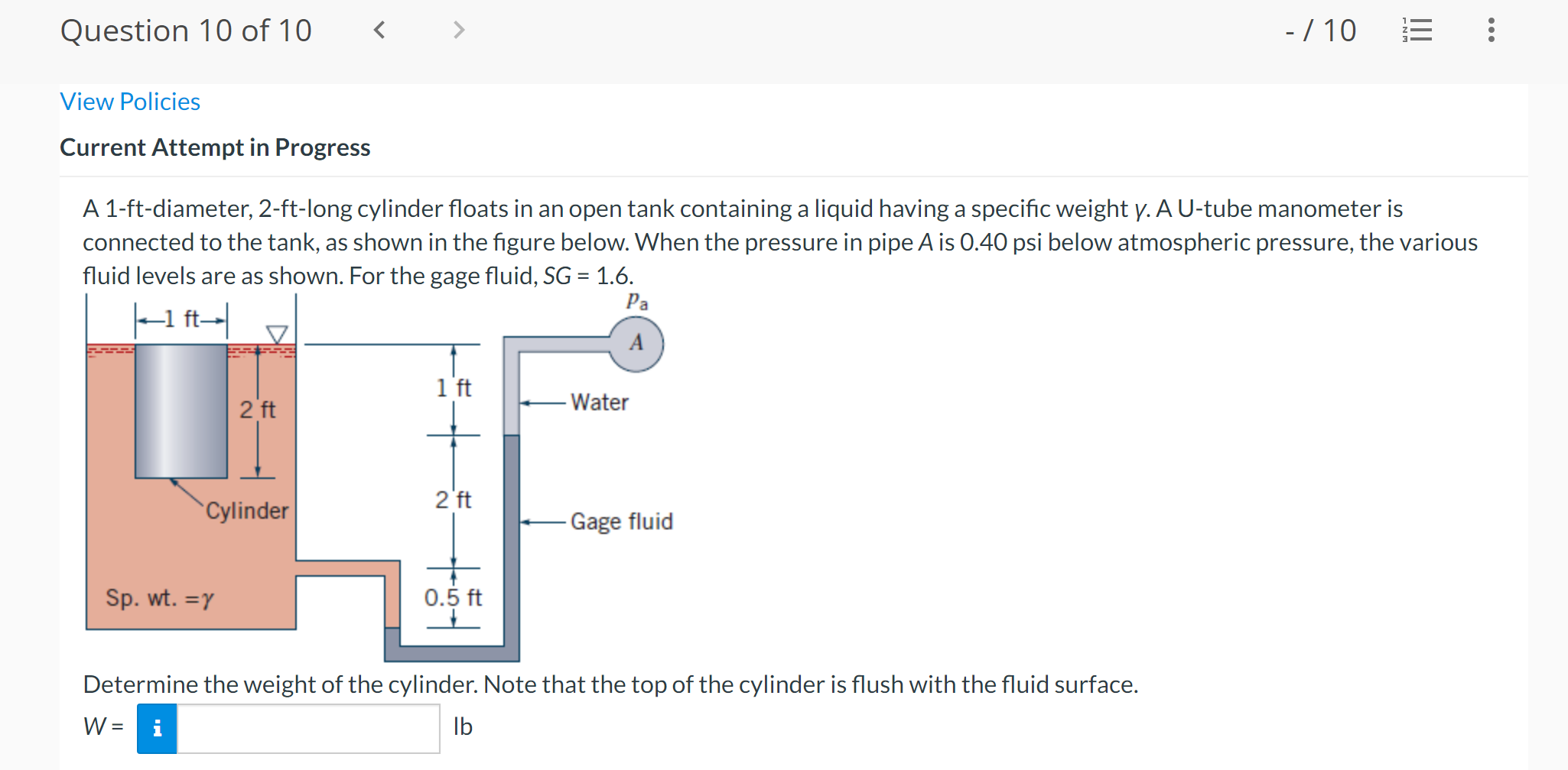 Solved A 1-ft-diameter, 2-ft-long cylinder floats in an open | Chegg.com