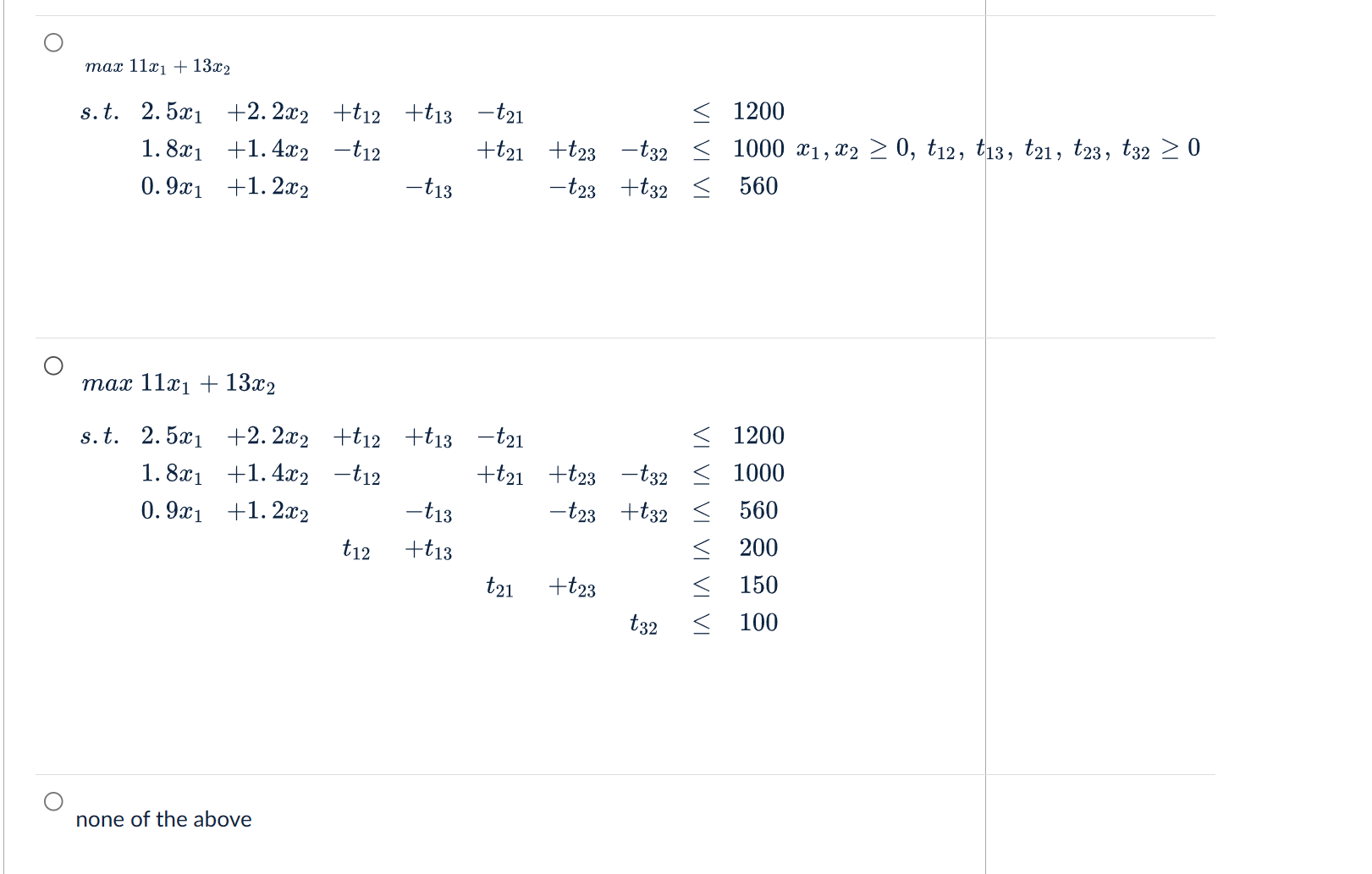max11x1+13x2 s.t. 2.5x1+2.2x2+t12+t13−t21≤1200 | Chegg.com