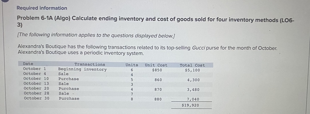 Solved Problem 6-1A (Algo) Calculate ending inventory and | Chegg.com