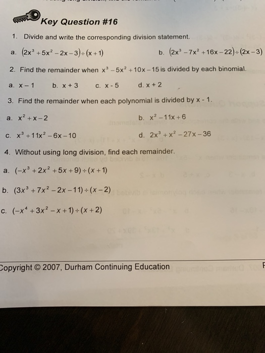 Solved Key Question 16 1 Divide And Write The Chegg