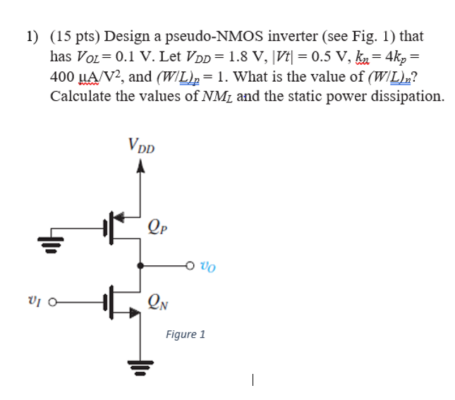 Solved 1) (15 pts) Design a pseudo-NMOS inverter (see Fig. | Chegg.com