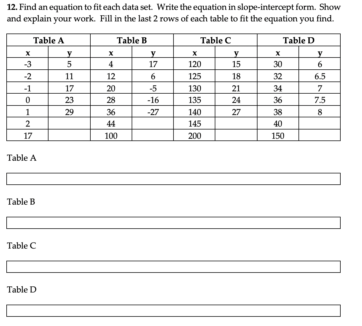 Solved 12. Find an equation to fit each data set. Write the | Chegg.com