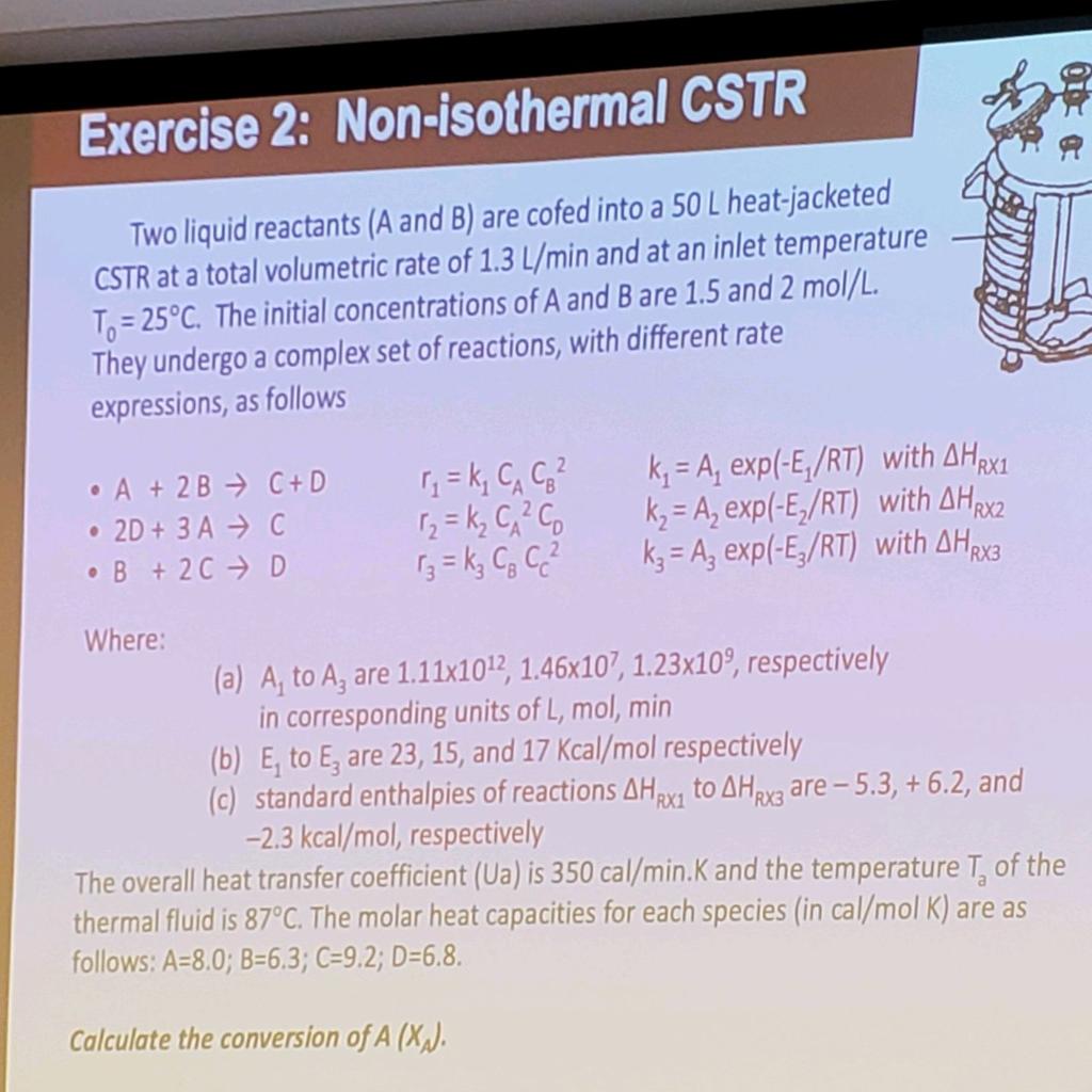 Exercise 2: Non-isothermal CSTR Two liquid reactants | Chegg.com