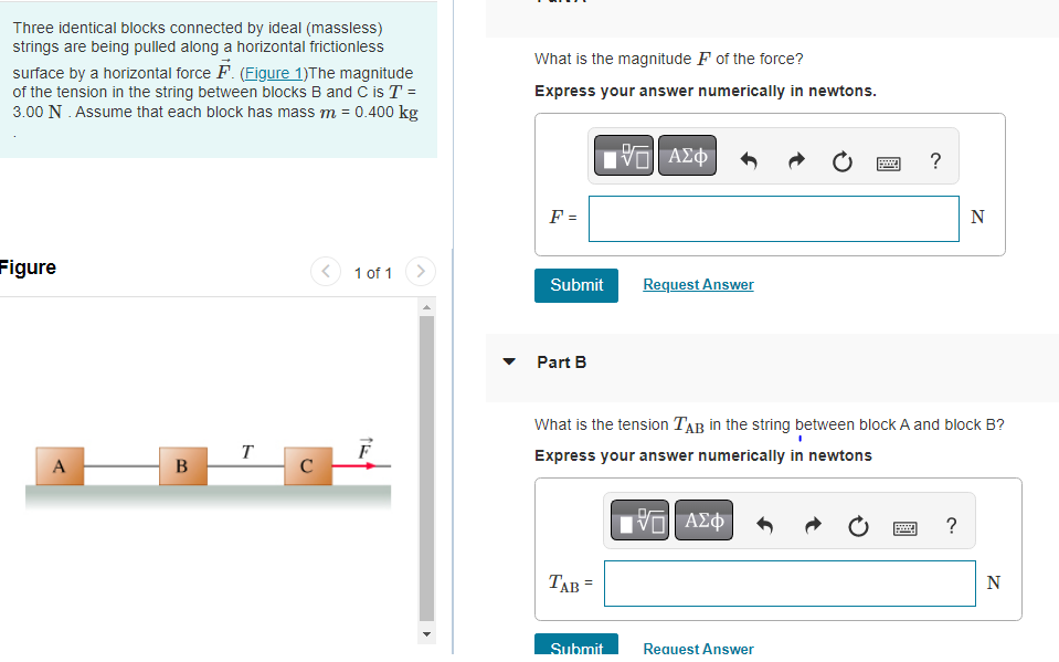 Solved Three identical blocks connected by ideal (massless) | Chegg.com