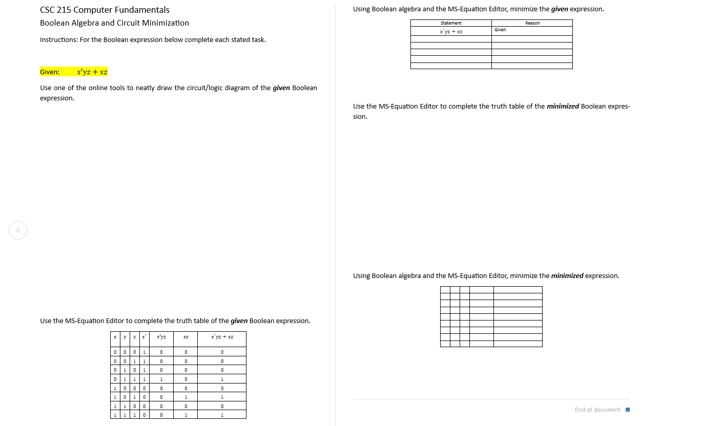 Solved Csc 215 Computer Fundamentals Boolean Algebra And
