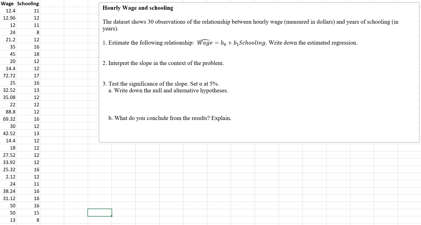 Solved Hourly Wage and schooling The dataset shows 30 | Chegg.com