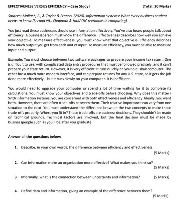 Solved EFFECTIVENESS VERSUS EFFICIENCY - Case Study (Total: | Chegg.com