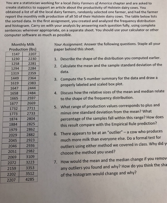 Solved You are a statistician working for a local Dairy | Chegg.com