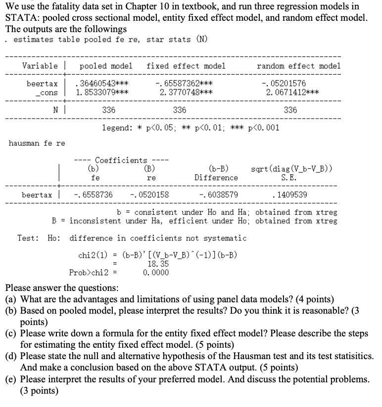 We use the fatality data set in Chapter 10 in | Chegg.com