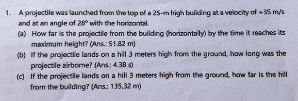 Solved 1. A projectile was launched from the top of a 25-m | Chegg.com