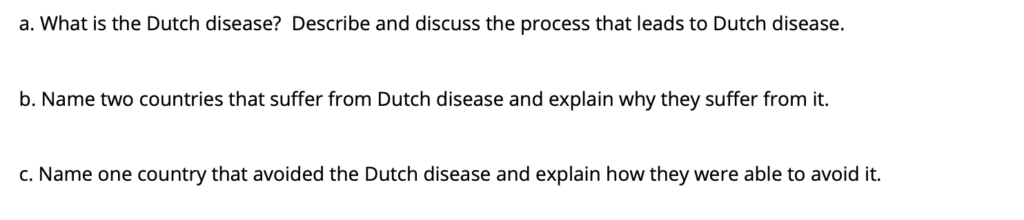 Solved a. What is the Dutch disease? Describe and discuss | Chegg.com