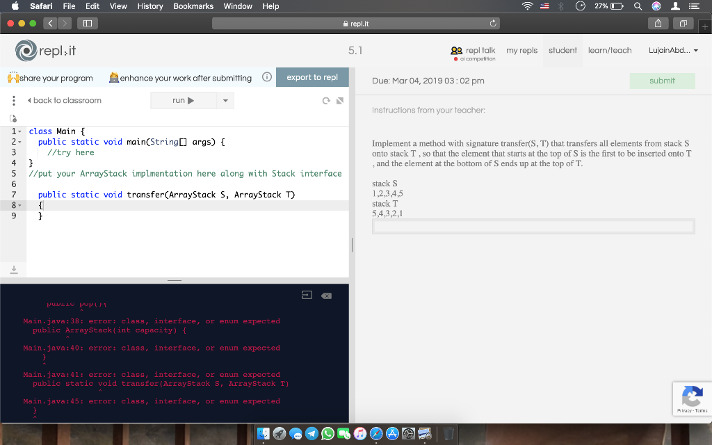 Solved Implement a method with signature transfer(S, T) that | Chegg.com