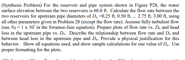 Solved (Synthesis Problem) For the reservoir and pipe system | Chegg.com