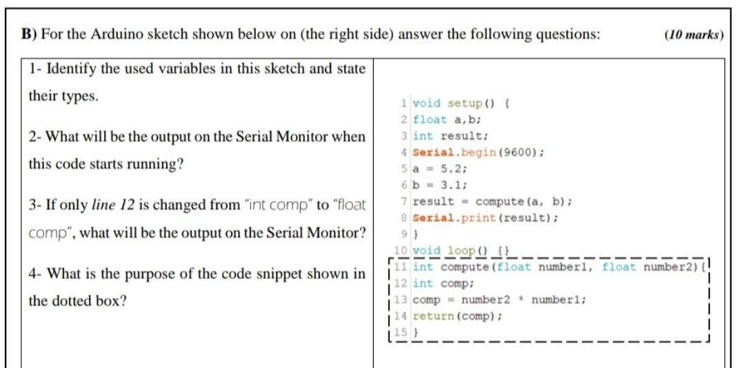 Solved B) For the Arduino sketch shown below on (the right | Chegg.com