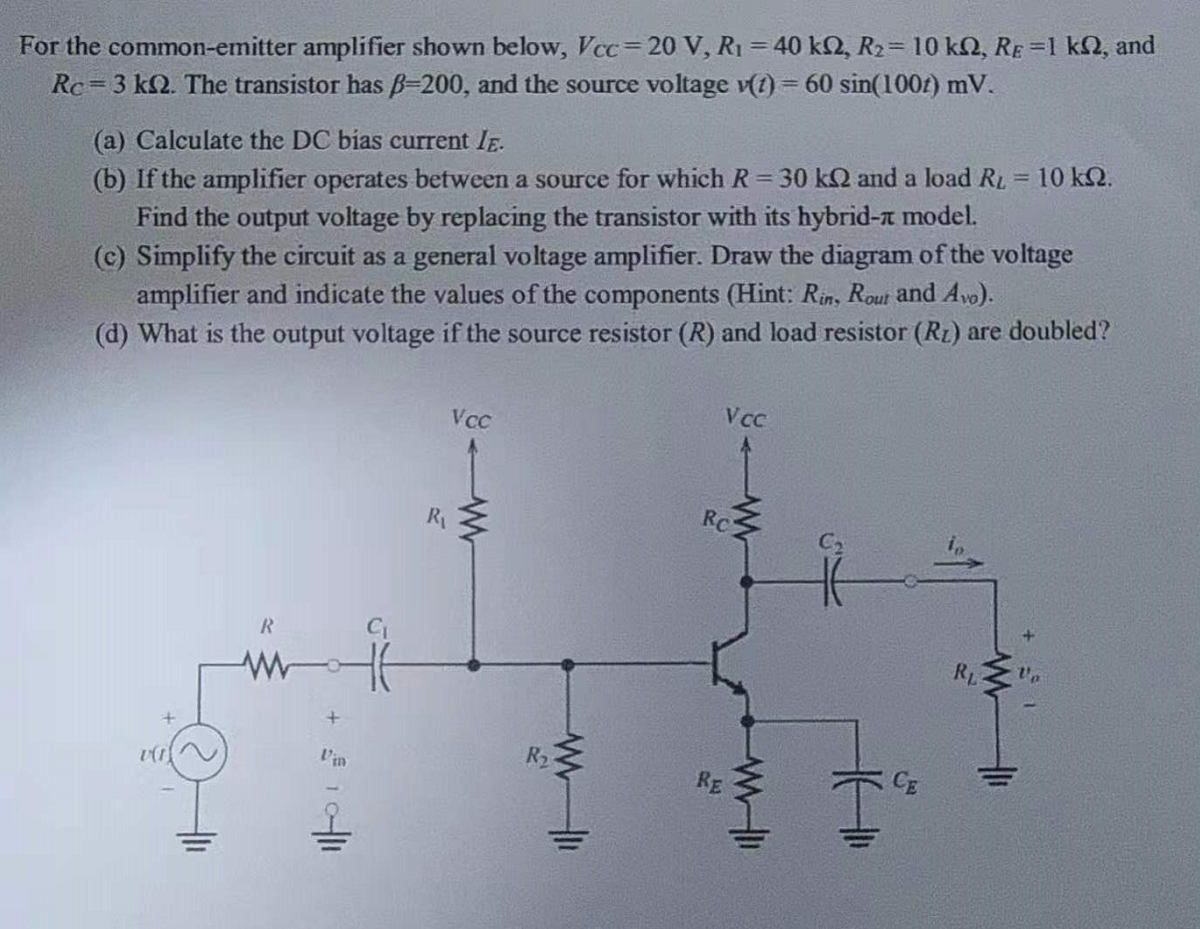 Solved For the common-emitter amplifier shown below, Vcc=20 | Chegg.com